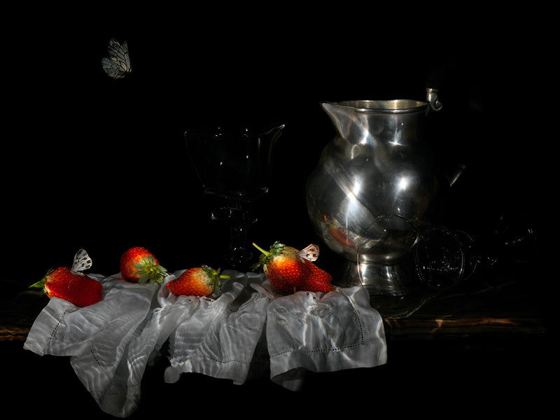 butterfly strawberries and water jug on table still life vanitas ...